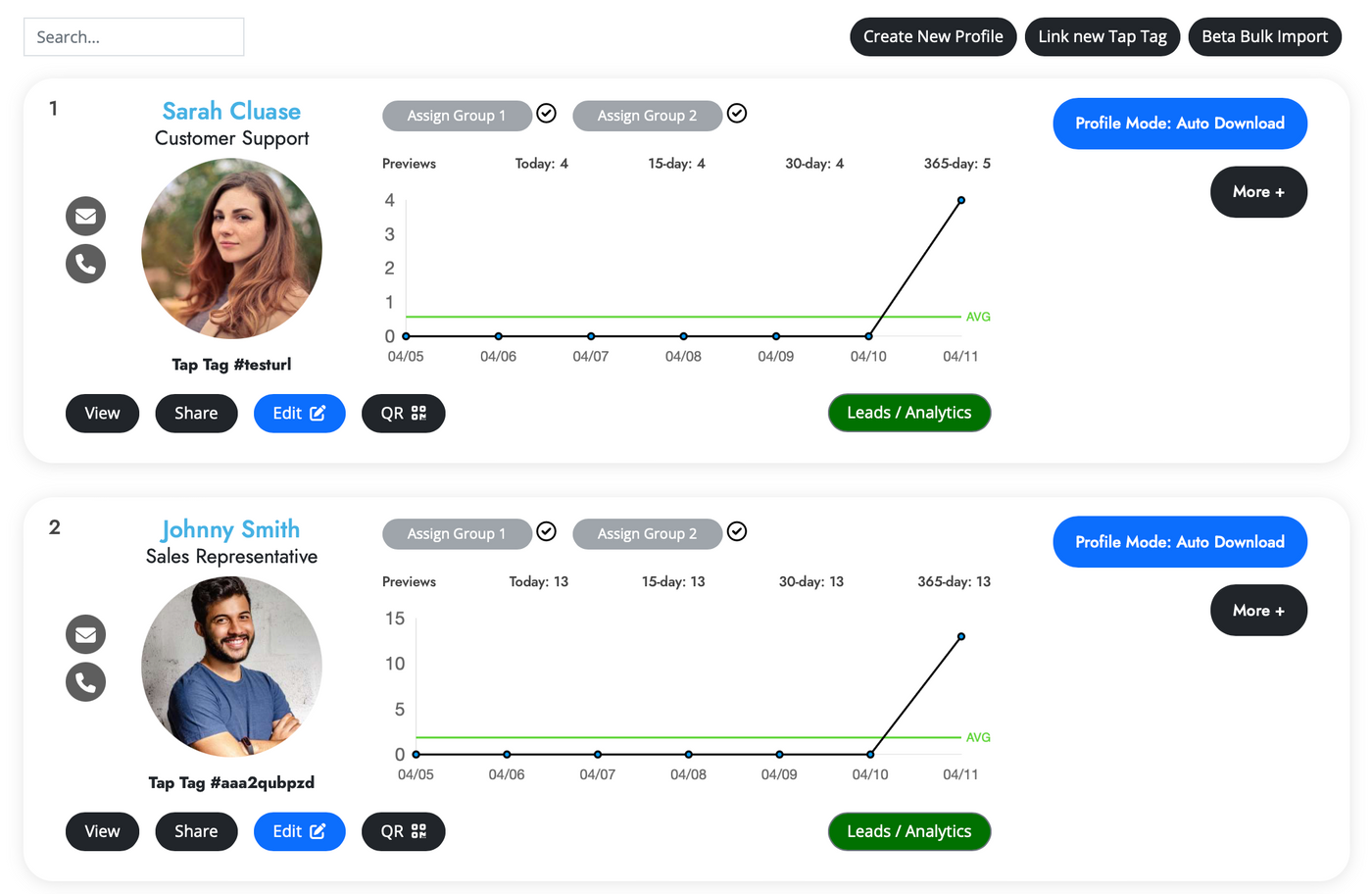 Adding a Tap Tag profile to your dashboard | Add a 2nd profile | Teams